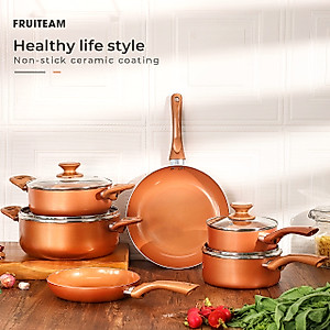 FRUITEAM 10pcs Cookware Set Ceramic Nonstick Soup Pot/Milk Pot/Frying Pans Set | Copper Aluminum Pan with Lid, Induction Gas Compatible, 1 Year Warranty Mothers Day Gifts for Wife…