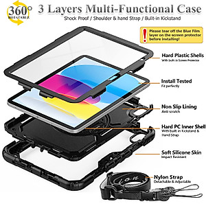 SEYMAC stock Case for iPad 10th Generation 10.9'', Full-Body Drop Protection Case with Screen Protector &360° Rotate Hand Strap/Stand, Black