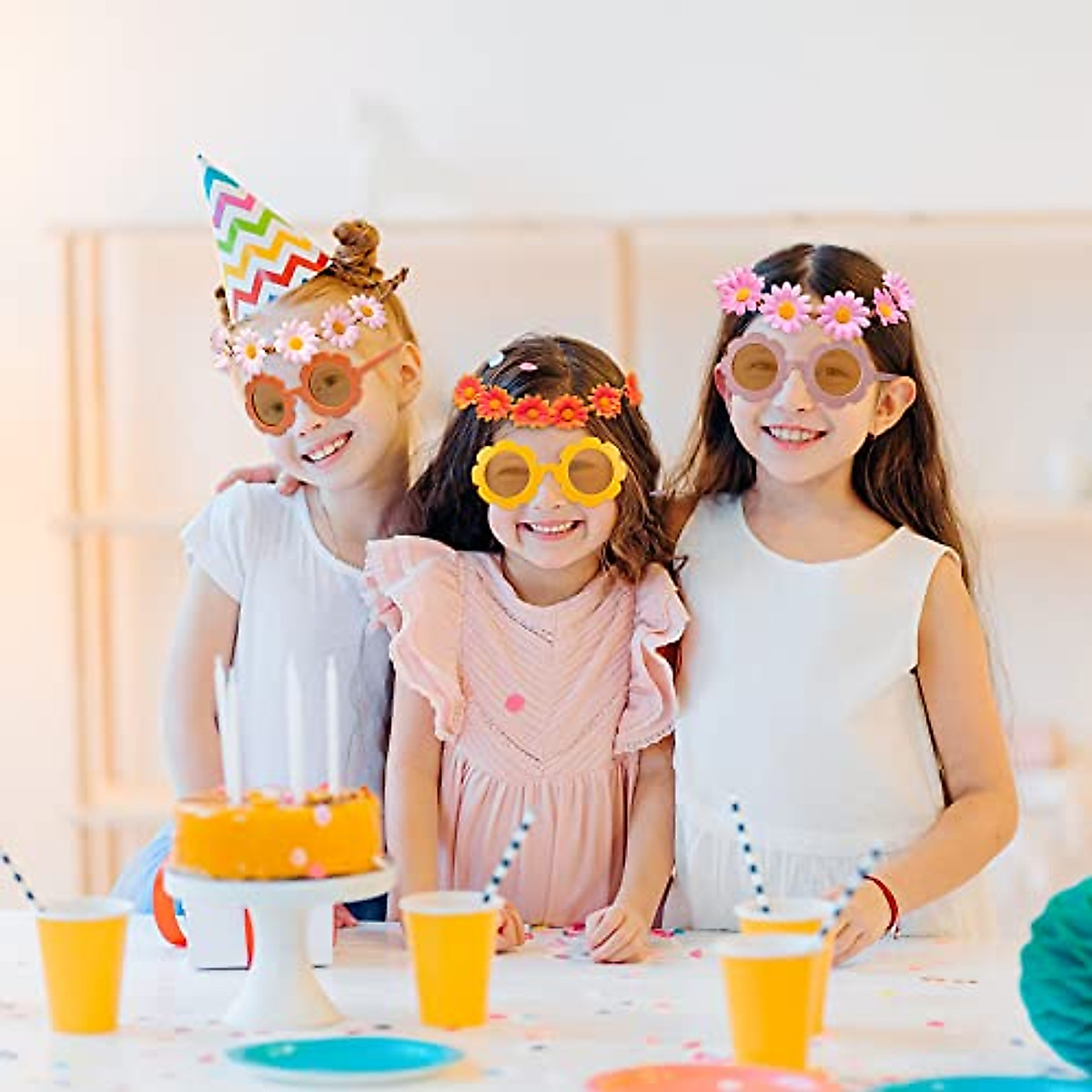 A1diee 12Pcs Groovy Retro Sunglasses Headbands Party Favors Boho Hippie Round Flower Polarized Eyewear Multicolor Daisy Flower Crown Costume Accessories Set 60s Festival Party Gifts for Kids