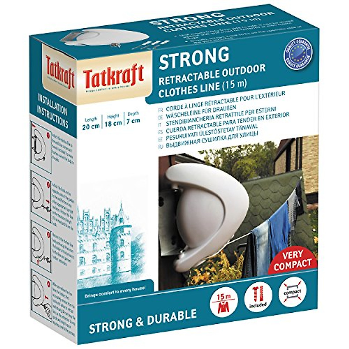 Tatkraft Strong Retractable Clothesline, Automatic Retractable Mechanism, 49ft Adjustable and Heavy-Duty Clothesline, Weather Proof and Rust Resistant, Screws and Fixture Hook Included