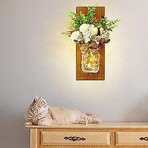 yoerm Rustic Wall Decor Living Room Mason Jars Fairy Lights with Artificial Flowers Wall Art Fall Decorations for Home, Set of 2