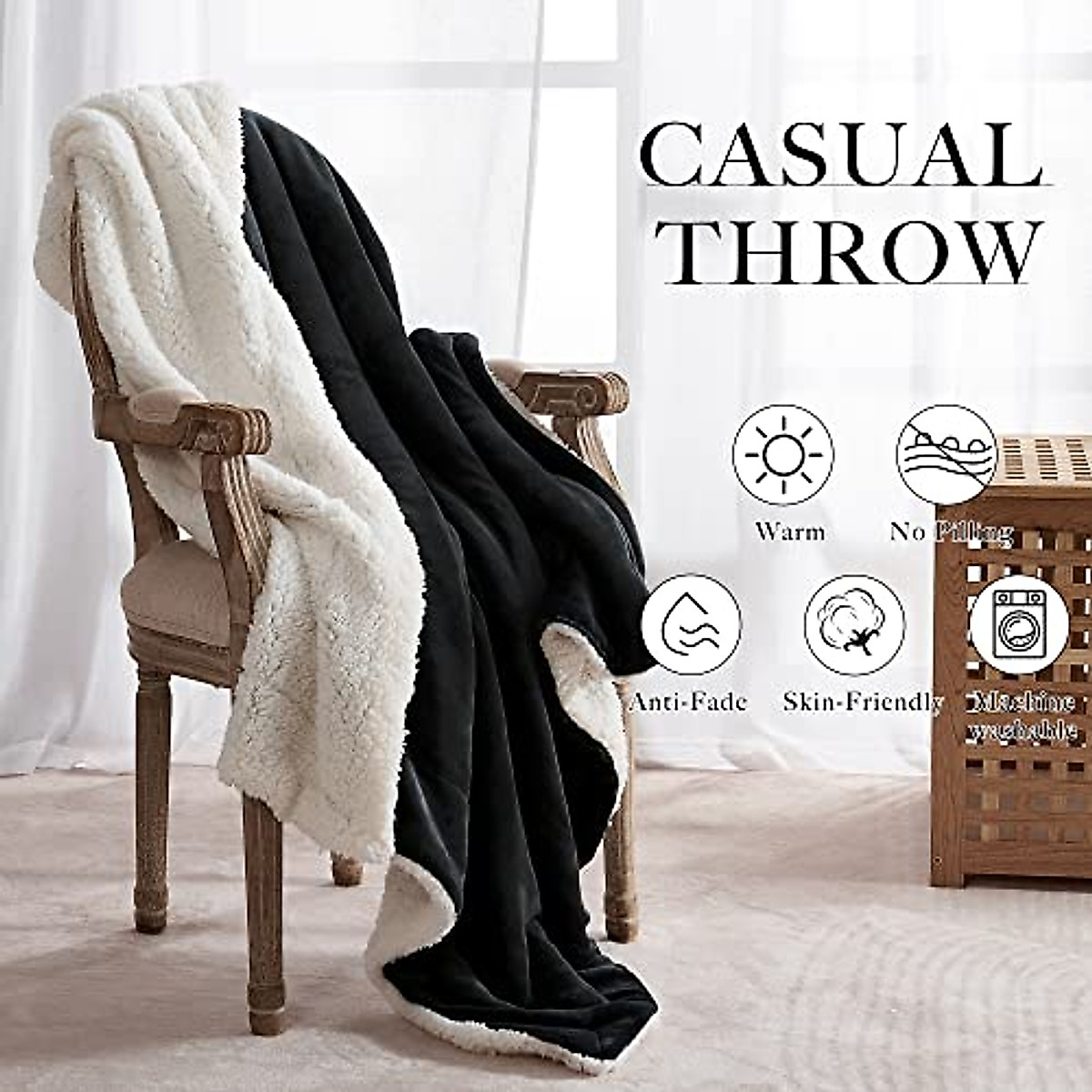 RYB HOME Black Blankets Sherpa 50" x 60", Super Soft Plush & Warm Blanket Throws for Camping Traveling Napping, Black, Throw Size