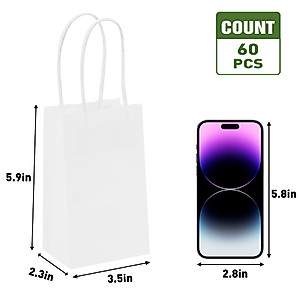 Moretoes 60pcs Small White Paper Bags 6x3.5x2.4 Inches Mini Kraft Gift Bags with Handles Bulk, Party Favor Bags Goodie Bags, Merchandise Bags for Business, Shopping, Retail, Small Gifts