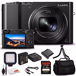 Panasonic Lumix DMC-ZS100 Digital Camera (Black) (DMC-ZS100K) - Bundle - with 64GB Memory Card + LED Video Light + DMW-BLE9 Battery + Soft Bag + 12 Inch Flexible Tripod + Cleaning Set
