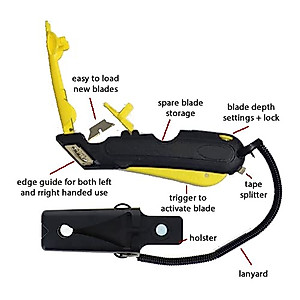 Veltec EZ-2000 Safety Box Cutter Utility Knife, Tape Splitter at Back, 3 Blade Depth Setting, Squeeze Trigger and Dual Side Edge Guide, 2 Blades (Yellow)