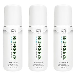 Biofreeze 13566 Professional Menthol Roll-On Pain-Relieving Gel 3 FL oz Green, Backache, Strains, Bruises, & Sprains, Pack of 3