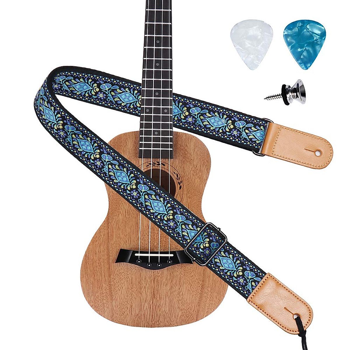 Eyeshot Ukulele Strap, Hawaiian Jacquard Blue Flower Ukelele Shoulder Strap, Suitable for Soprano Concert Tenor Baritone String Instruments