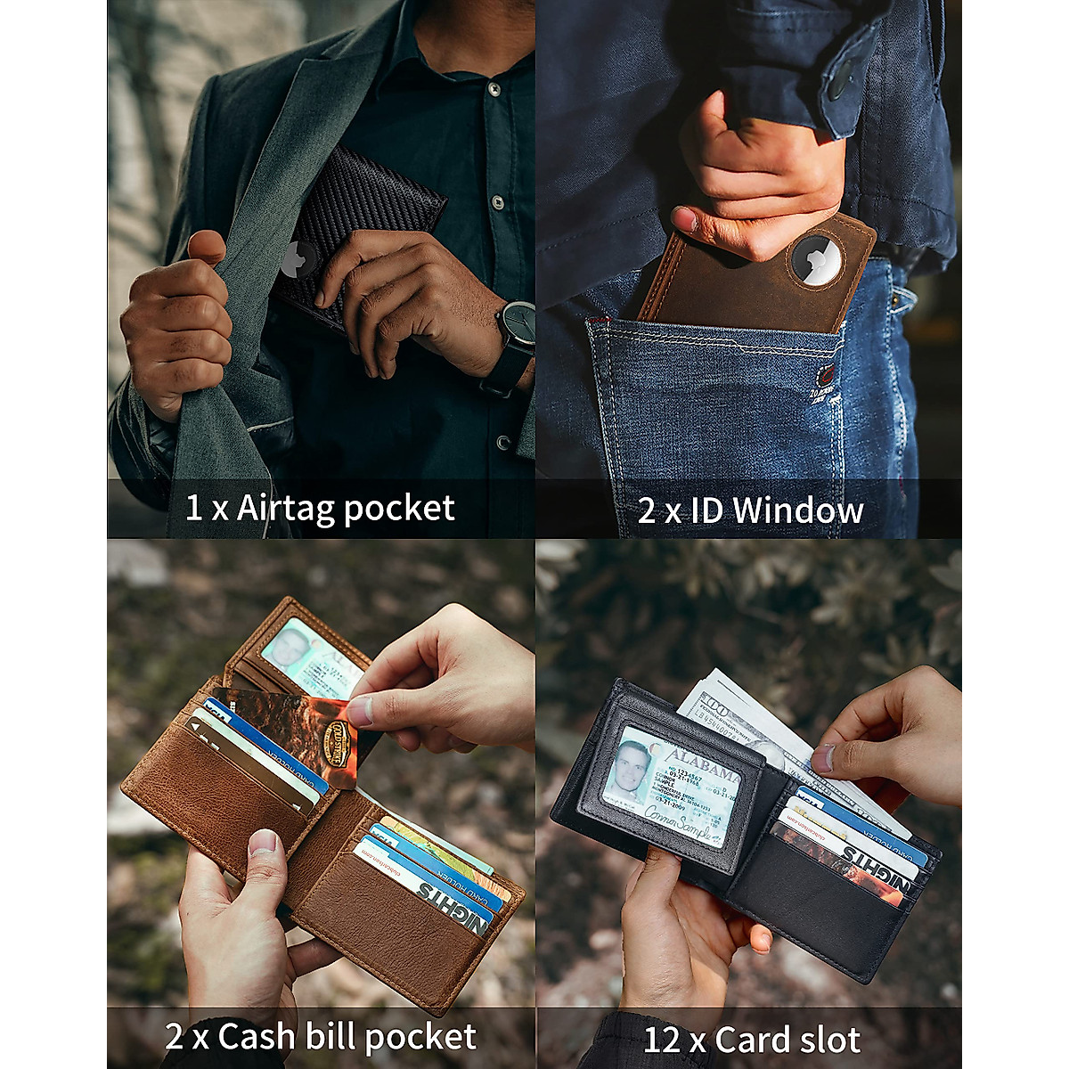 Mens Wallet With AirTag Holder, Bifold Leather RFID Blocking 2 ID Windows 12 Card Holders, Gift Box and Screen Protector Included, AirTag Not Included