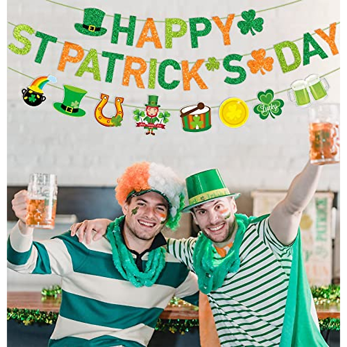 JKQ Glittery Happy St Patrick's Day Banner and Shamrock Rainbow Gold Coins Pot Horseshoe Leprechauns Patterns Banner Saint Patrick's Day Garland Banner Irish Lucky Day St. Patty's Day Party Decorations