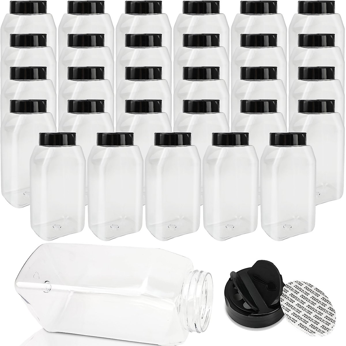 30 Pack 16 oz Plastic Spice Jars with Cap Clear Empty Square Plastic Bottle Containers with Lids Large Empty Powder Storage Container for Storing Spice Seasoning Powders