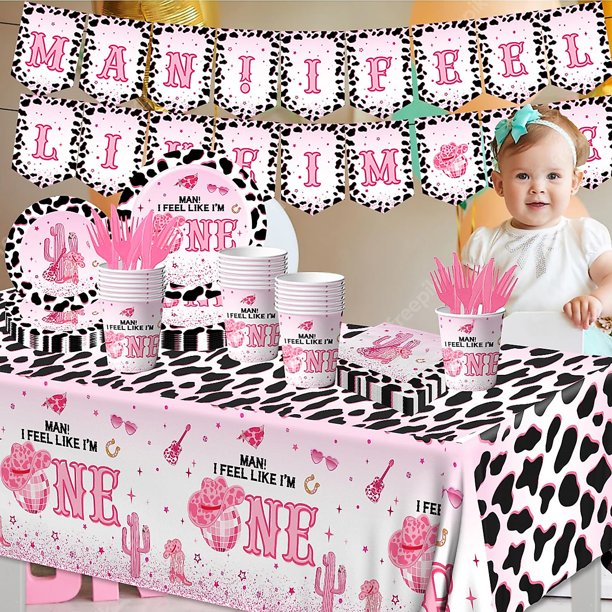 Western Cowgirl Birthday Party Decoration,142Pcs Pink Disco Cowgirl 1st Tableware Set I’m One Cowgirl Plates Napkins Cowgirl Tablecloth for My First Rodeo Let’s Go Cowgirl 1st Baby Shower Decoration