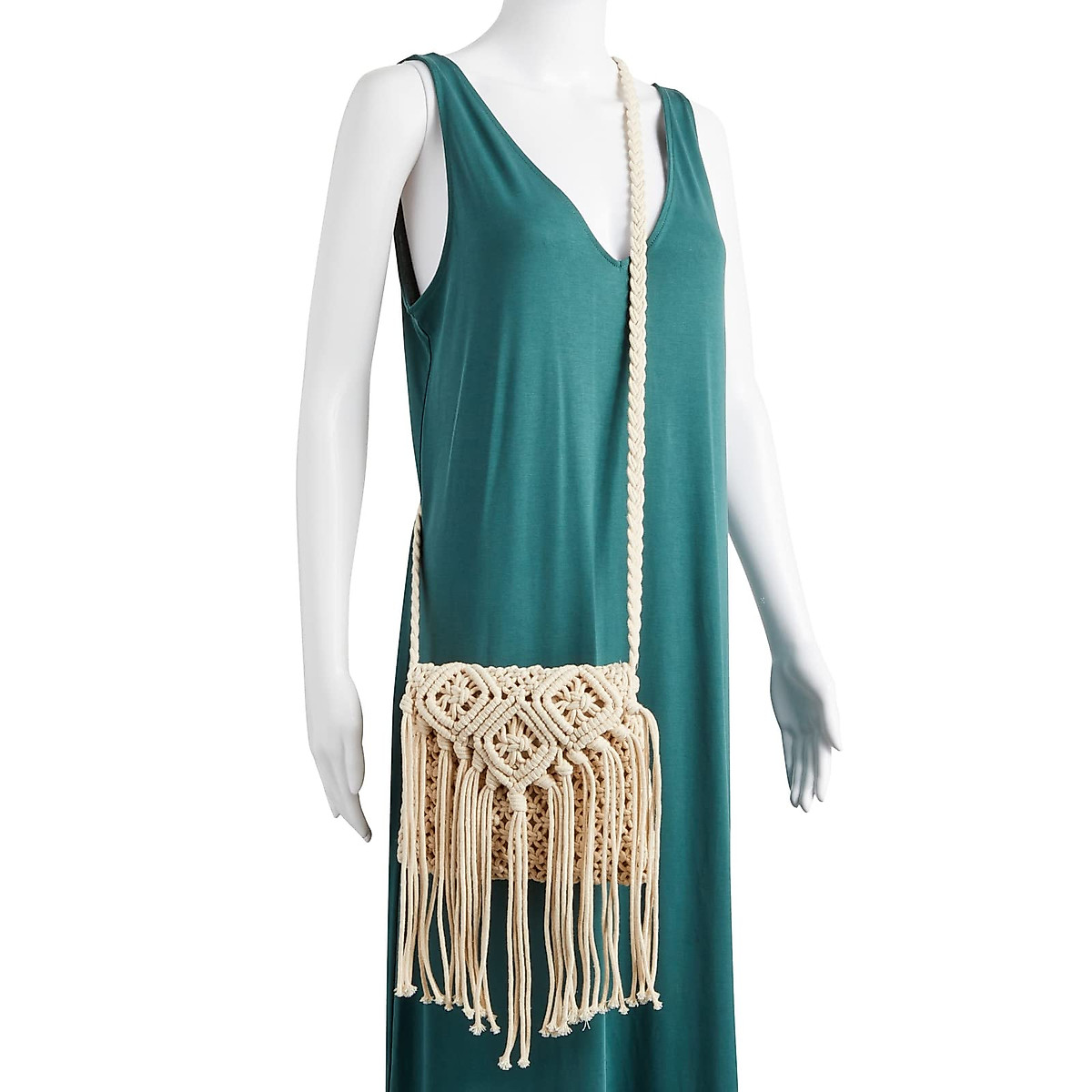 Small Cotton Crochet Purse with Tassel, Hippie Crossbody Bags for Women (White)