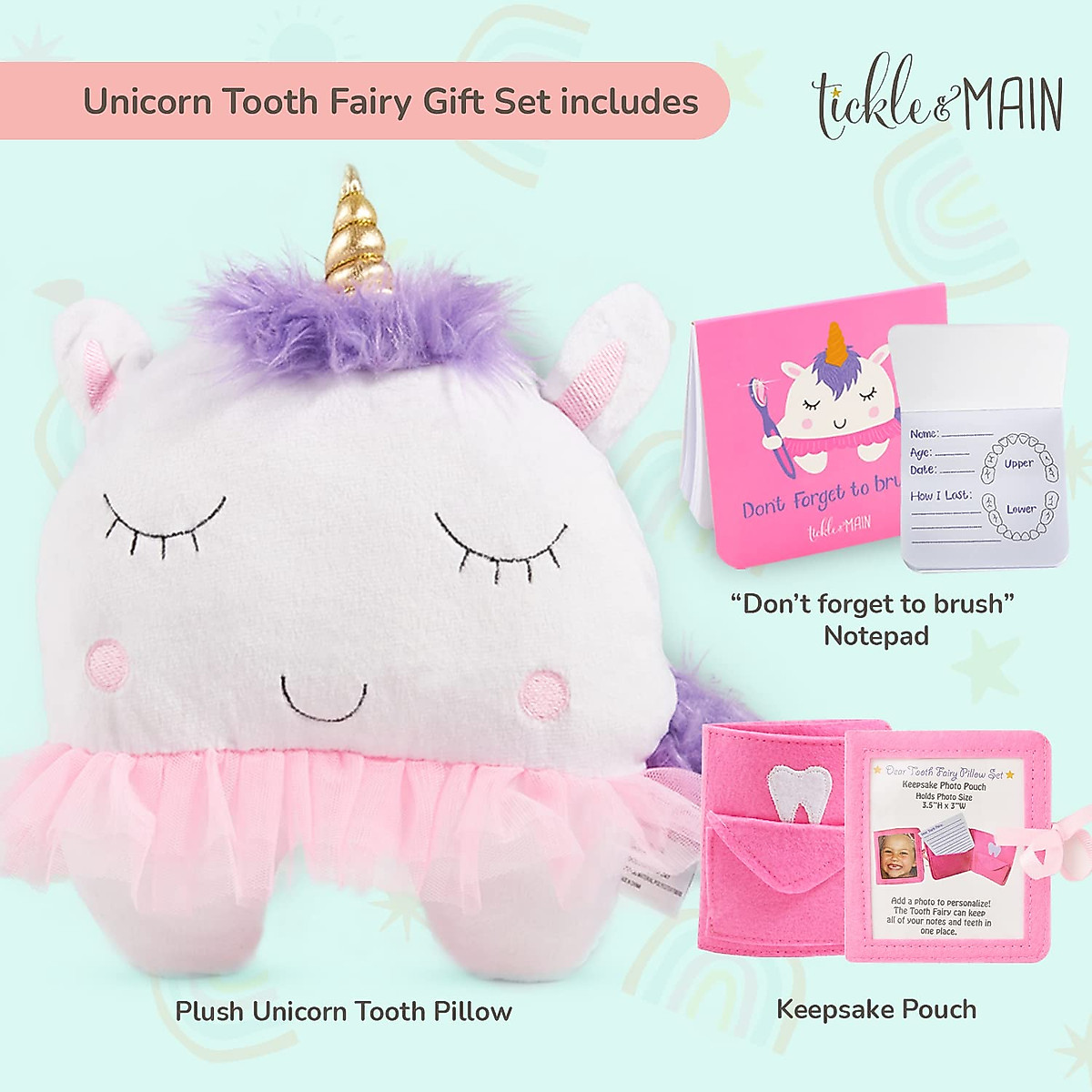 Tickle & Main 3-Piece Unicorn Tooth Fairy Pillow for Girls Ages 5-10 with Pocket, Notepad & Photo Pouch - Tooth Fairy Kit - Toothfairy Pillow for Girls