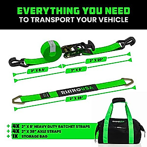 Rhino USA Ratchet Car Tie Down Straps - Heavy Duty 11,128lb Break Strength - Ultimate Trailer Tie Downs Straps for Truck, Cars & UTV - Towing Accessories with Axle Straps for Cargo Trailers