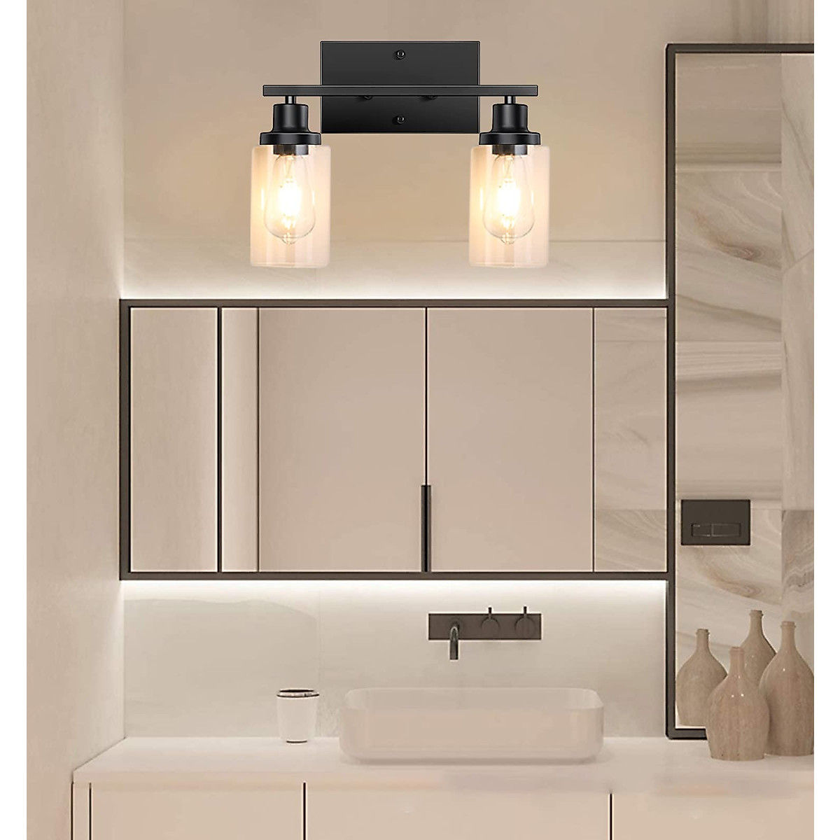 Bathroom Light Fixtures, Black 2-Light Vanity Lights, Modern Bathroom Vanity Light with Clear Glass Shade, Wall Lamp with Metal Frame over Mirror, Vanity Lights for Washroom Bedroom Hallway E26 Base