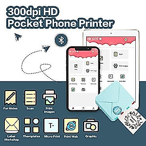 Phomemo M02S Pocket Printer- Mini Bluetooth Thermal Printer with 3 Rolls White Sticker Paper, Compatible with iOS + Android for Learning Assistance, Study Notes, Journal, Fun, Work, Cyan