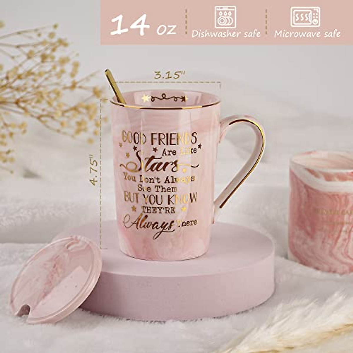 Best Friends, Friendship Gifts for Women Birthday Gifts for Women Perfect Birthday Gifts Ideas for Her, Friends Female, Sister, Besties, BFF Ceramic Marble Coffee Mug Gifts Box Printed Gold 14oz Pink