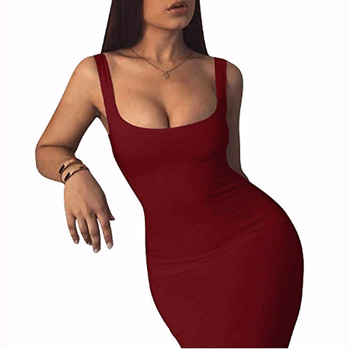 Padaleks Women's Summer Sexy Basic Sleeveless Tank Top Bodycon Dress Party Club Mini Dresses Knee Length