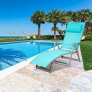 Tangkula 2 PCS Outdoor Folding Chaise Lounge Chair, Lightweight Recliner Chair w/ 7 Adjustable Backrest Positions, Patio Reclining Beach w/Removable Cushion & Pillow for Patio Poolside (Turquoise)
