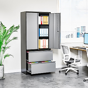 LISSIMO Metal File Cabinet with 2 Drawers,Office Storage Cabinet with Adjustable Shelves, Lockable Lateral File Cabinet for Letter/Legal/A4 Size Files (Black)