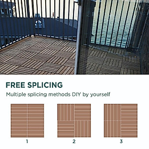 Idzo Interlocking Deck Tiles - 10PCS Waterproof Acacia Wood Patio Tiles, Flooring Tiles for Both Indoor and Outdoor - Decking Stripe Pattern, Dark Brown, 12 x 12 x 0.9 inches