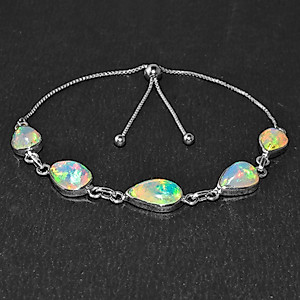 OdrillionGems 100% Natural Ethiopian Opal Gemstones Bolo Bracelet, Opal Cabs Bezel, 925 Sterling Silver, Handmade, Birthstones, Adjustable Slider, Women Jewelry, Wedding, Valentine Gifts, Size 10"