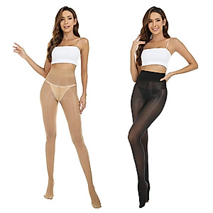 MANZI 2 Pairs Women's Shiny Sheer Tights High Waist Silk Comfort Stockings Oil Shimmery Nylons Pantyhose Black and Natural L-XL