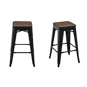 Kmax Industrial Metal Bar Stools Set - Counter Height Bar Stools Chairs Wood Seat Without Backrest Indoor Outdoor, 26", Set of 4, Black