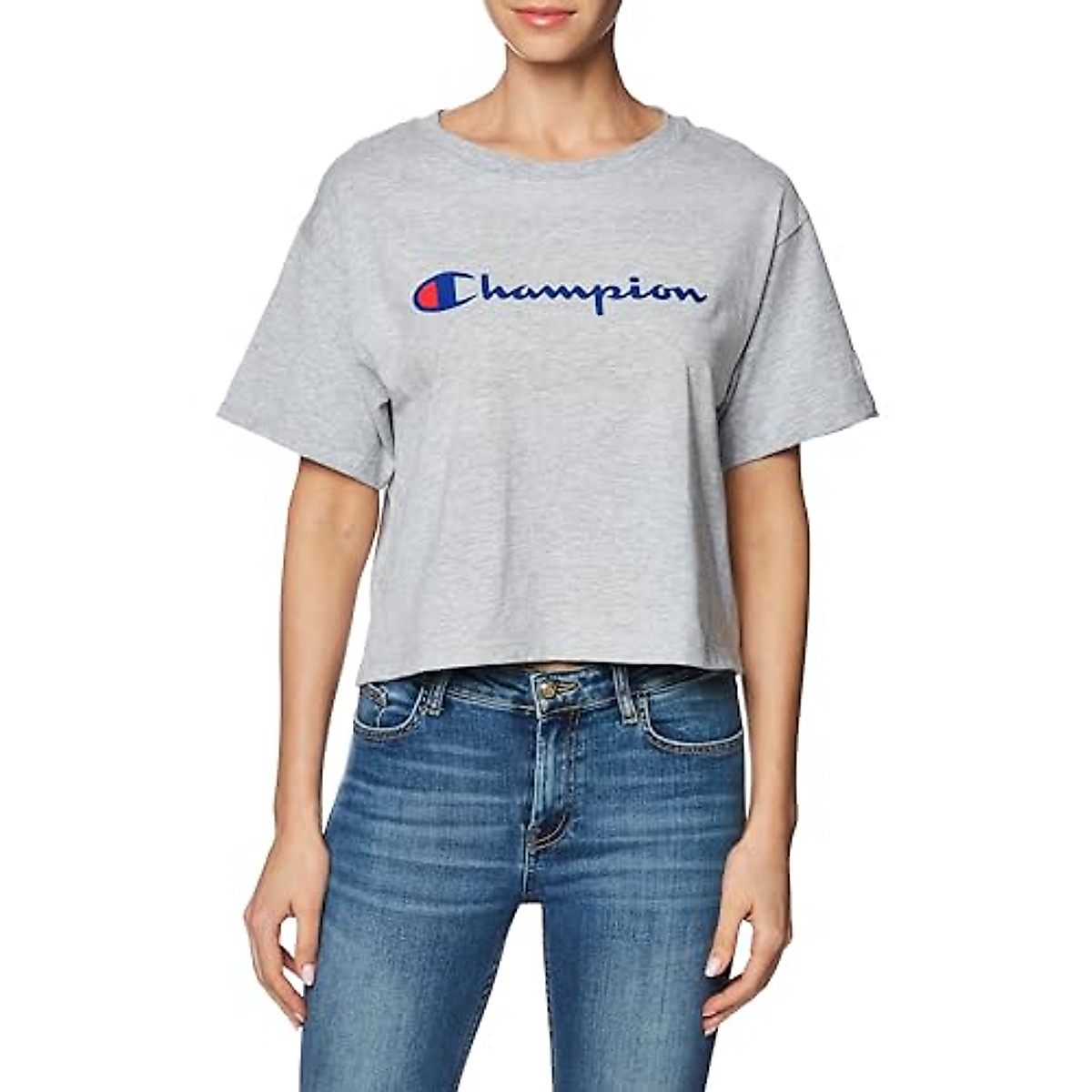 Champion womens Cropped Tee, Script Logo T Shirt, Oxford Gray-550757, Medium US