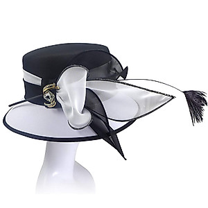 June's Young Women Church Hats Formal Dress Derby Hats with Feather Elegant Bucket Hats (Black/white)