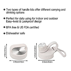 IDEUS Insulated Stainless Steel Water Bottle with 2 Leak-Proof Lids, Thermal Water Flask for Hiking Biking, 40oz, White