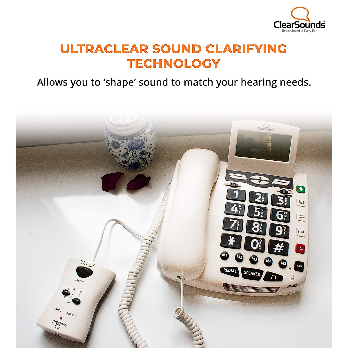 ClearSounds WIL95 UltraClear Portable Telephone Amplifier for Corded Digital and VoIP Phones with Up to 40dB Amplification, AC Powered (White)