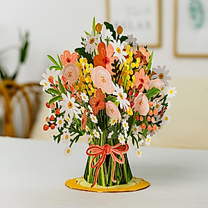 Paper Love 3D Pop Up Flower Bouquet Card, with Daisy Delight Forever Flowers Keepsake, Gift For Birthday, Mothers Day, Get Well, Thank You, All Occasion or Just Because - Oversized 10" x 7" Cards - Includes Envelope And Note