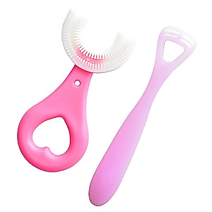 [2PC] Kids U Shaped Tooth Brush Safe Brushing For Teeth and Gums with Silicone Soft Tongue Scraper Cleaner [Ages 2-6] PINK
