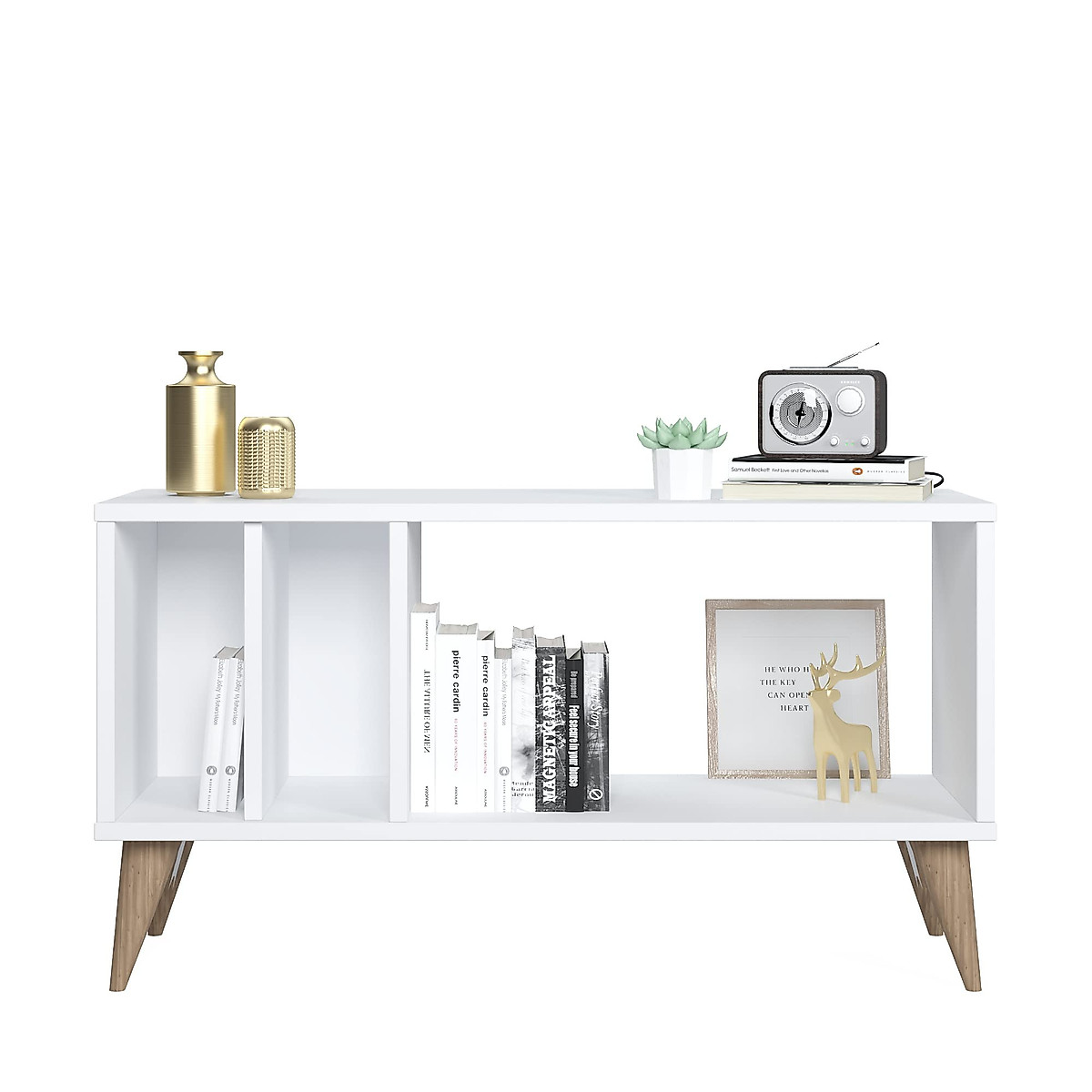 Ruumstore Norm TV Stand 35'', with 3 Open Shelves, TV Stand for Media, Natural Wooden Legs, Opaque White