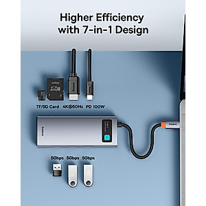 Baseus USB C to HDMI Adapter, 4K@60Hz USB C Docking Station, 7 in 1 USB C Hub with 3 USB-A, PD 100W, TF/SD Card Reader, USB C Dock Compatible for iPhone 15/Mac/Dell/Acer/HP/ASUS/Steam Deck/Rog Ally