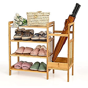 LUARANE 4-Tier Shoe Rack with Umbrella Stand, Free Standing Entryway Organizer with Bamboo Frame, Multifunctional Shoe Shelf for Entryway Hallway Living Room Staircase