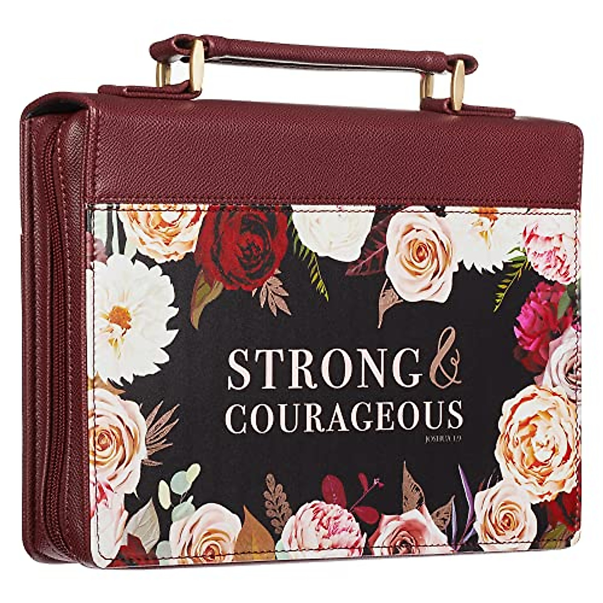 Christian Art Gifts Protective Faux Leather Fashion Bible Cover Carry Case with Handle for Women: Strong and Courageous - Joshua 1:9 Inspirational Bible Verse - Merlot Floral Rose Bouquet, Medium