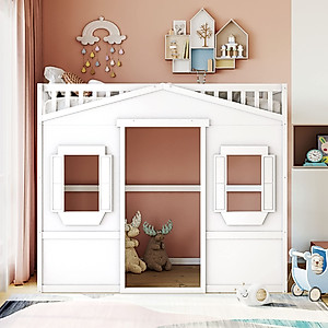 Harper & Bright Designs House Loft Bed Full Size Kids Playhouse Bed, Solid Wood Loft Bed Frame with Window and Ladder, for Girls Boys (Full Size, White)