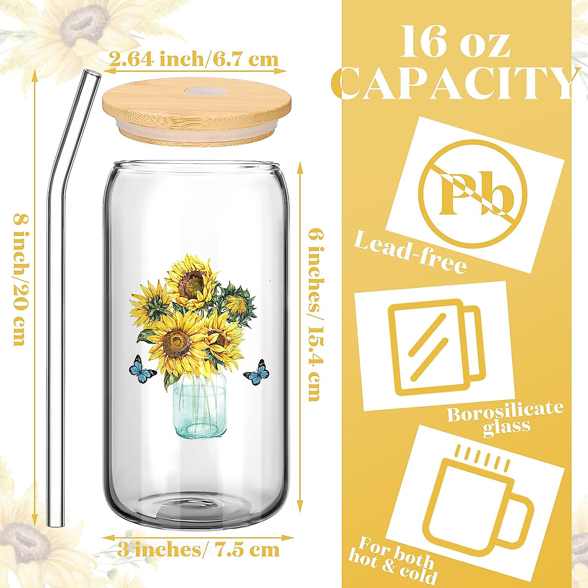 Karenhi Friend Gifts for Girls Women Friendship Gifts Birthday Gifts Sunflower Iced Coffee Cup Daisy Cup 16 Oz Can Coffee Glass with Bamboo Lids and Straw Thank You Gifts(Butterfly Style)