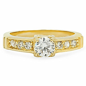 The Bling Factory 5.5mm Gold Plated Small Round CZ Solitaire Ring w/CZ Band, Size 5