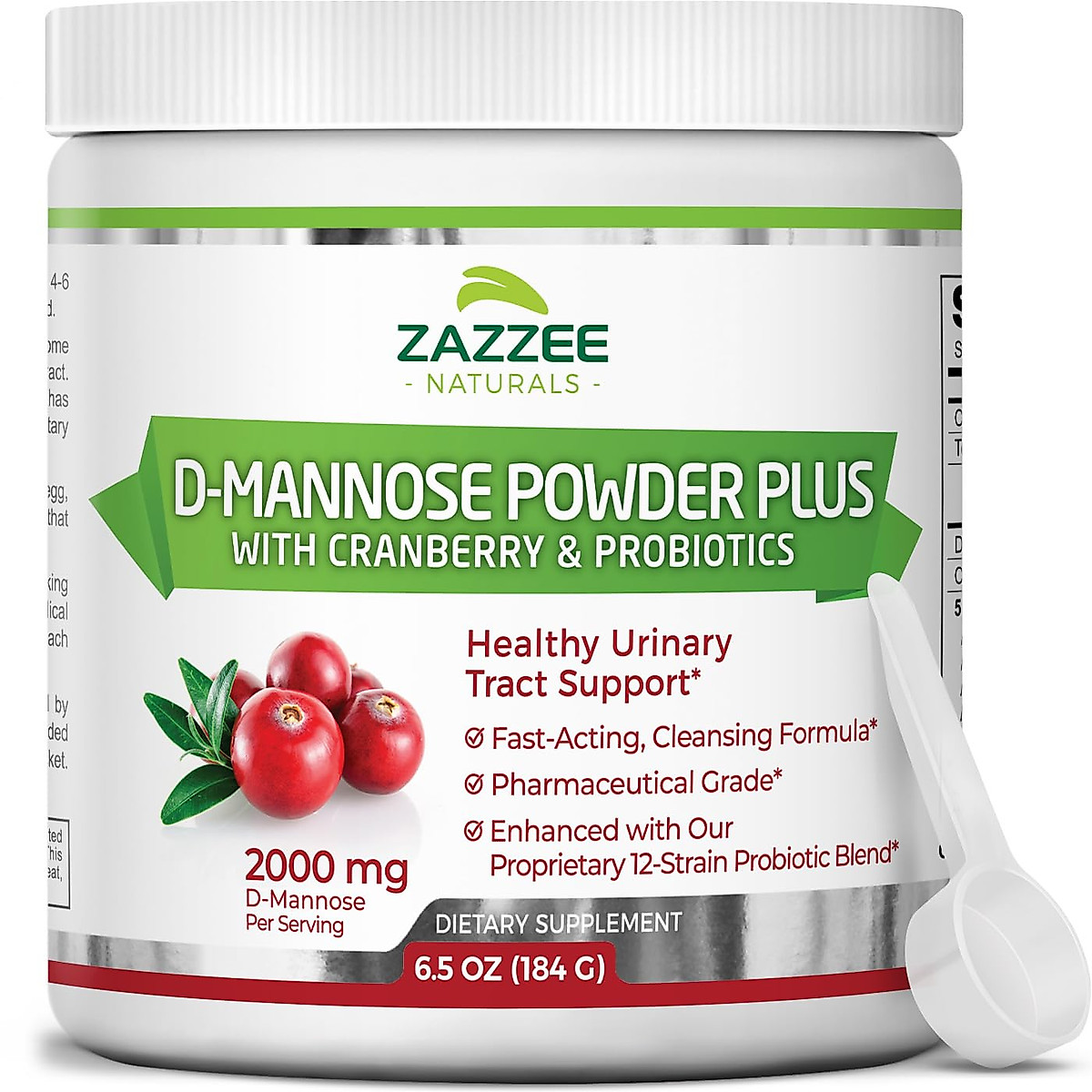 Zazzee D-Mannose Powder Plus, 2000 mg, 67 Servings, Potent & Fast-Acting, Plus 5 Billion CFU Probiotics and Pure Cranberry Juice Extract, Free Scoop, 6.5 Oz, Vegan, Gluten-Free, Non-GMO, All-Natural