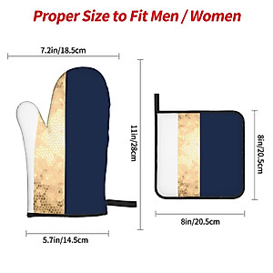 MUKJHOI Oven Mitts Pot Holders Set of 4 Heat Resistant Kitchen Waterproof Elegant Faux Gold Navy Blue White Stripes Women Men Home Cooking Baking Microwave BBQ Gift