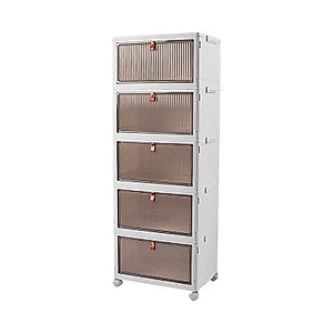 White 5 Tier Plastic Storage Bins Organizer with Lids and Wheels, 17.13 × 12.4 × 45.47 Inch Stackable Bins for Storage, 46Qt Folding Storage Boxes for Home, Dorm Room, 5th storage box (Five layers)