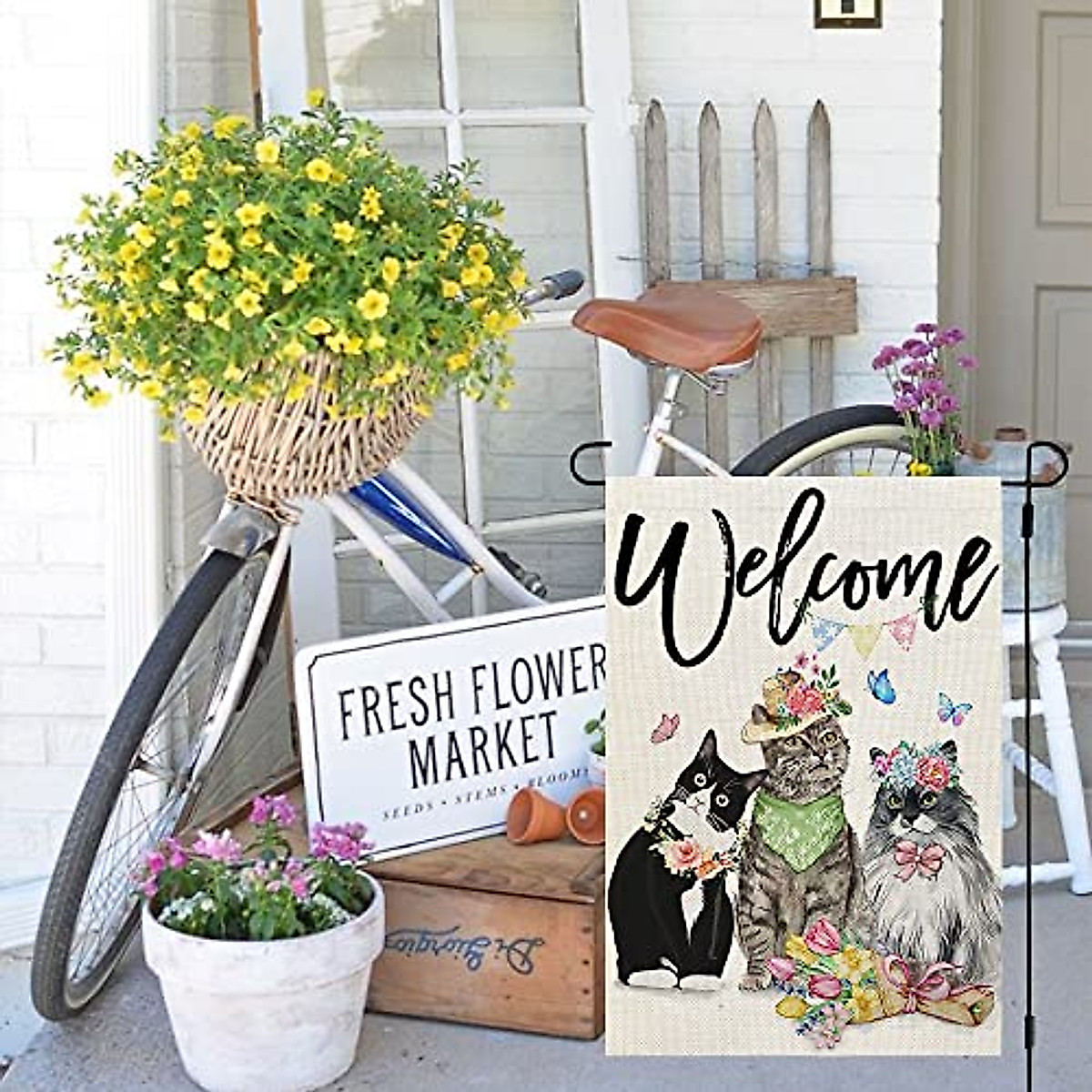 CROWNED BEAUTY Spring Cats Garden Flag Floral 12x18 Inch Double Sided for Outside Welcome Burlap Small Yard Holiday Decoration CF755-12