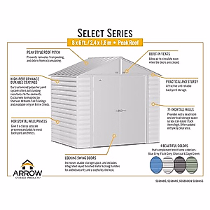Arrow Select 8' x 6' Outdoor Lockable Steel Storage Shed Building, Flute Grey