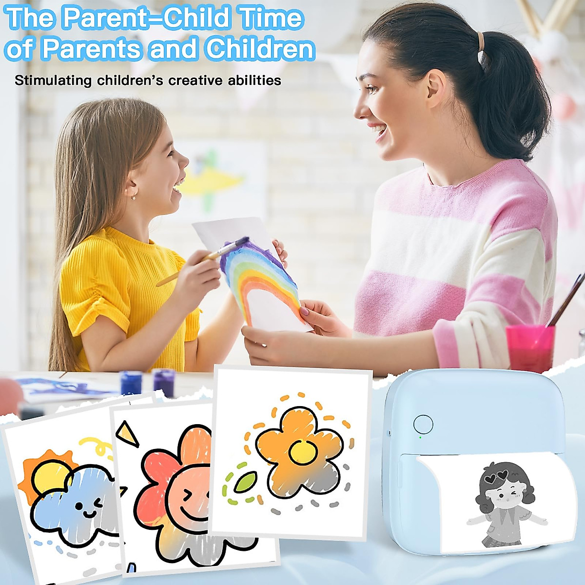 Mini Printer Sticker Printer Print Pod with 6 Rolls Sticker Paper, Seven Color Lighting Modes for DIY Scrapbook, Travel, Notes, Label, Memo, Compatible with iOS&Android