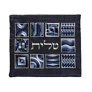 EMANUEL Yair Tallit Prayer Shawl Set with Yarmulke and Tallis Bag | Silk Embroidered Geometric Square Design (Blue TAH-5B)
