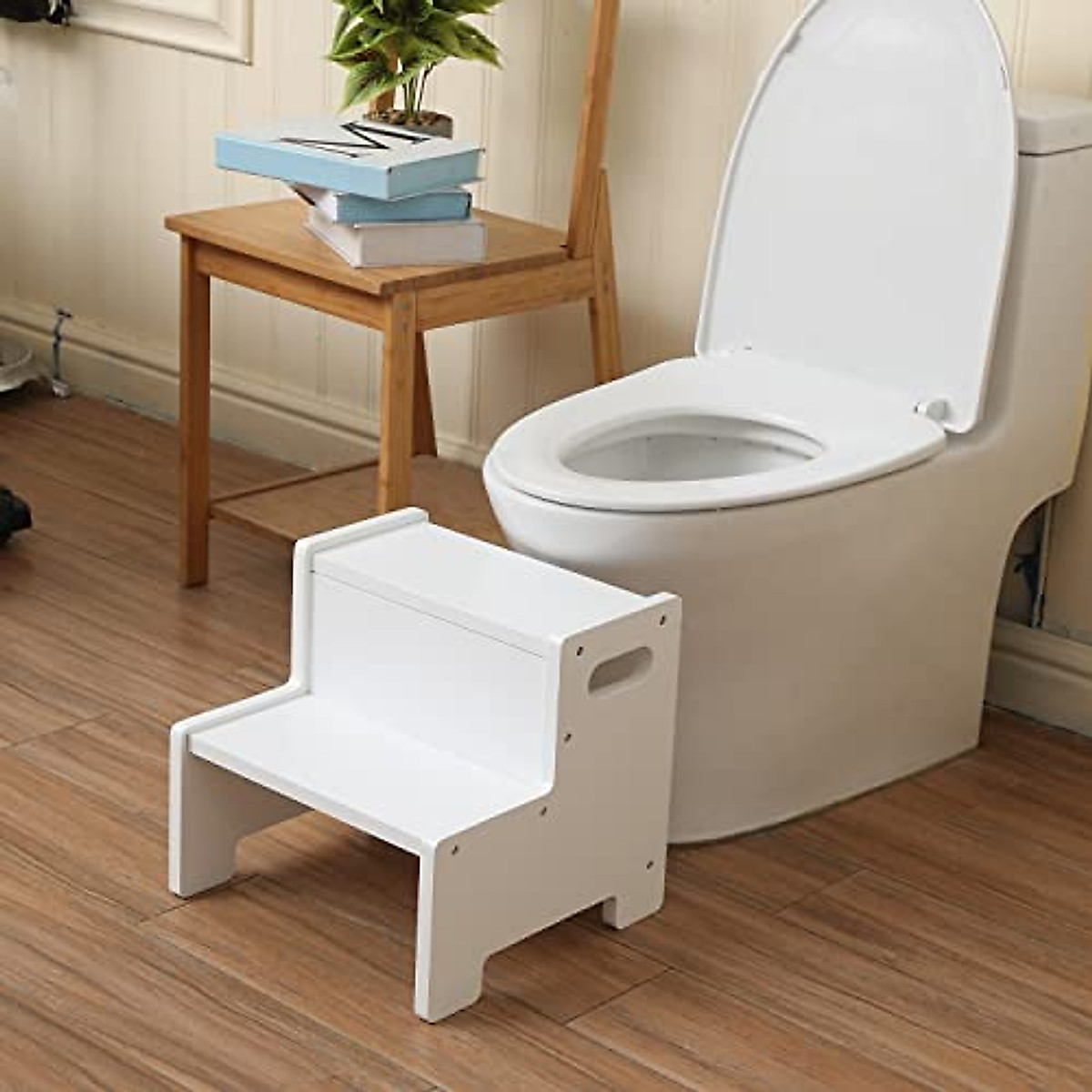 Wooden Step Stool,Two Step Stool for Kids/Adults,Supports 200 lbs Kids Toddler Stepping Stool Toilet/Kitchen/Bed Step Stool,White