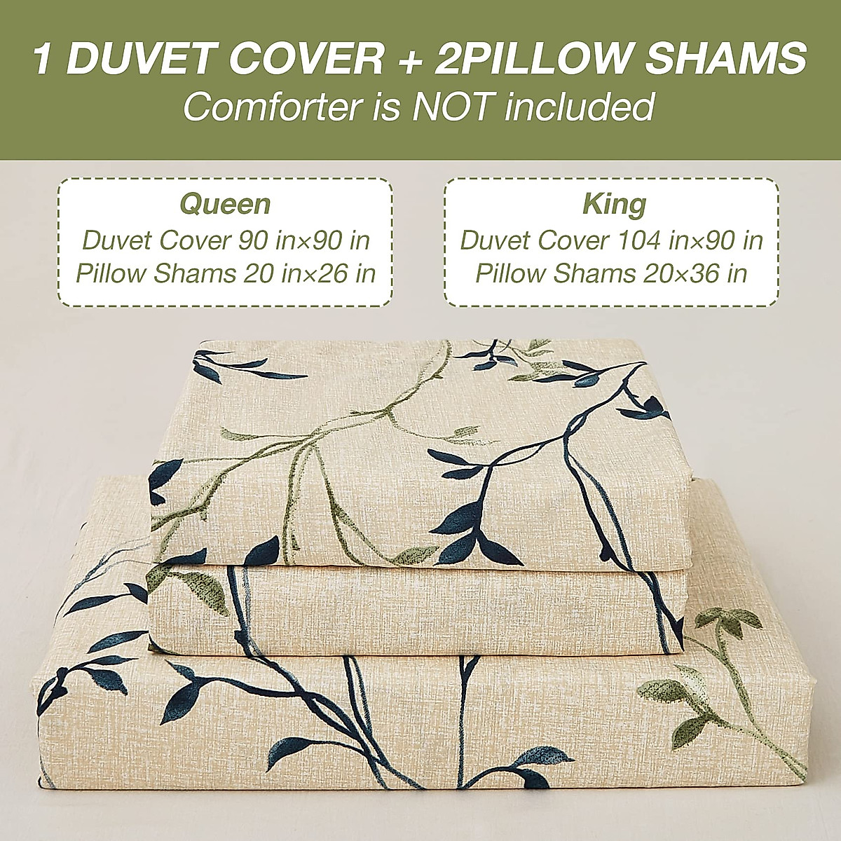 JSD Leaves Printed Duvet Cover Set Queen Size, 3 Piece Soft Microfiber Comforter Covers Zipper Closure
